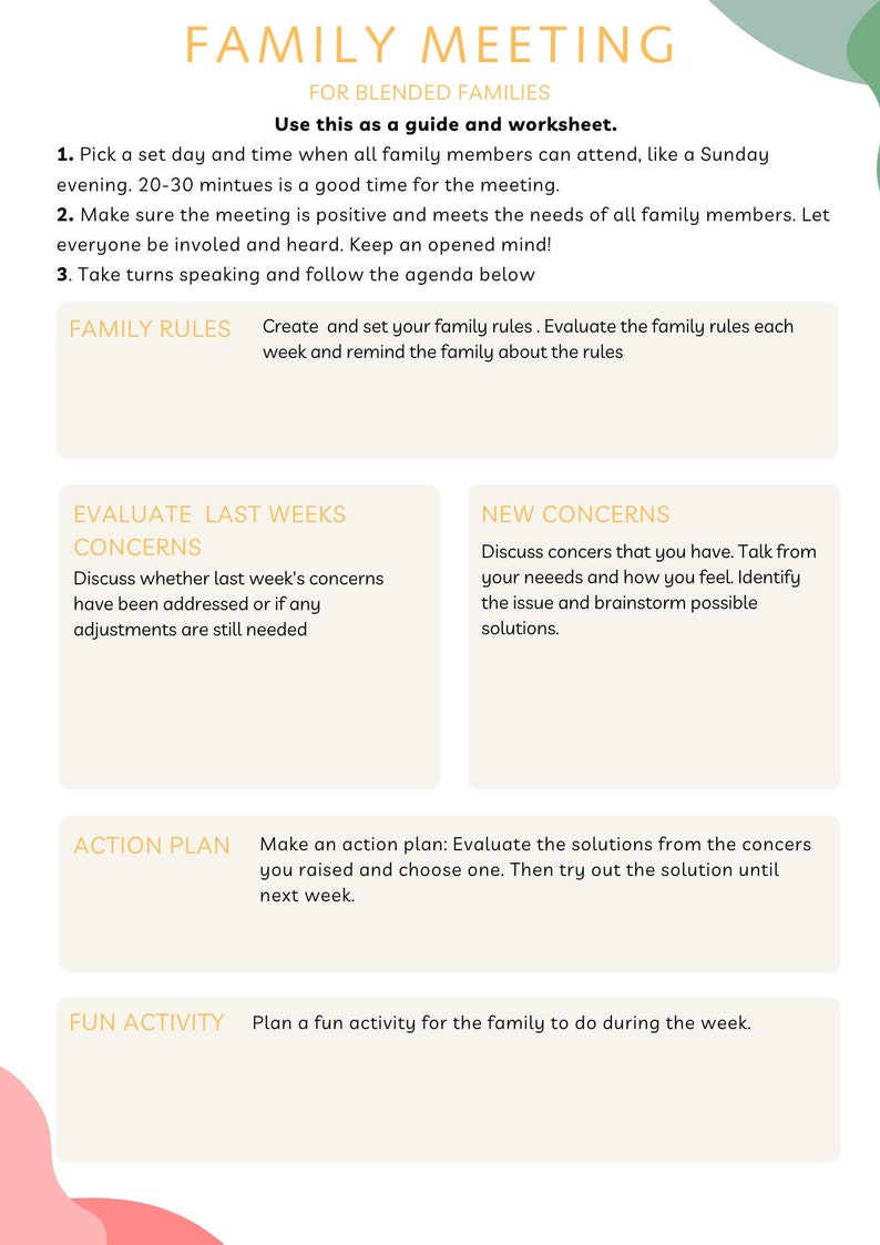 Blended Family Meeting Planner: Stepfamily Communication Worksheet for ...
