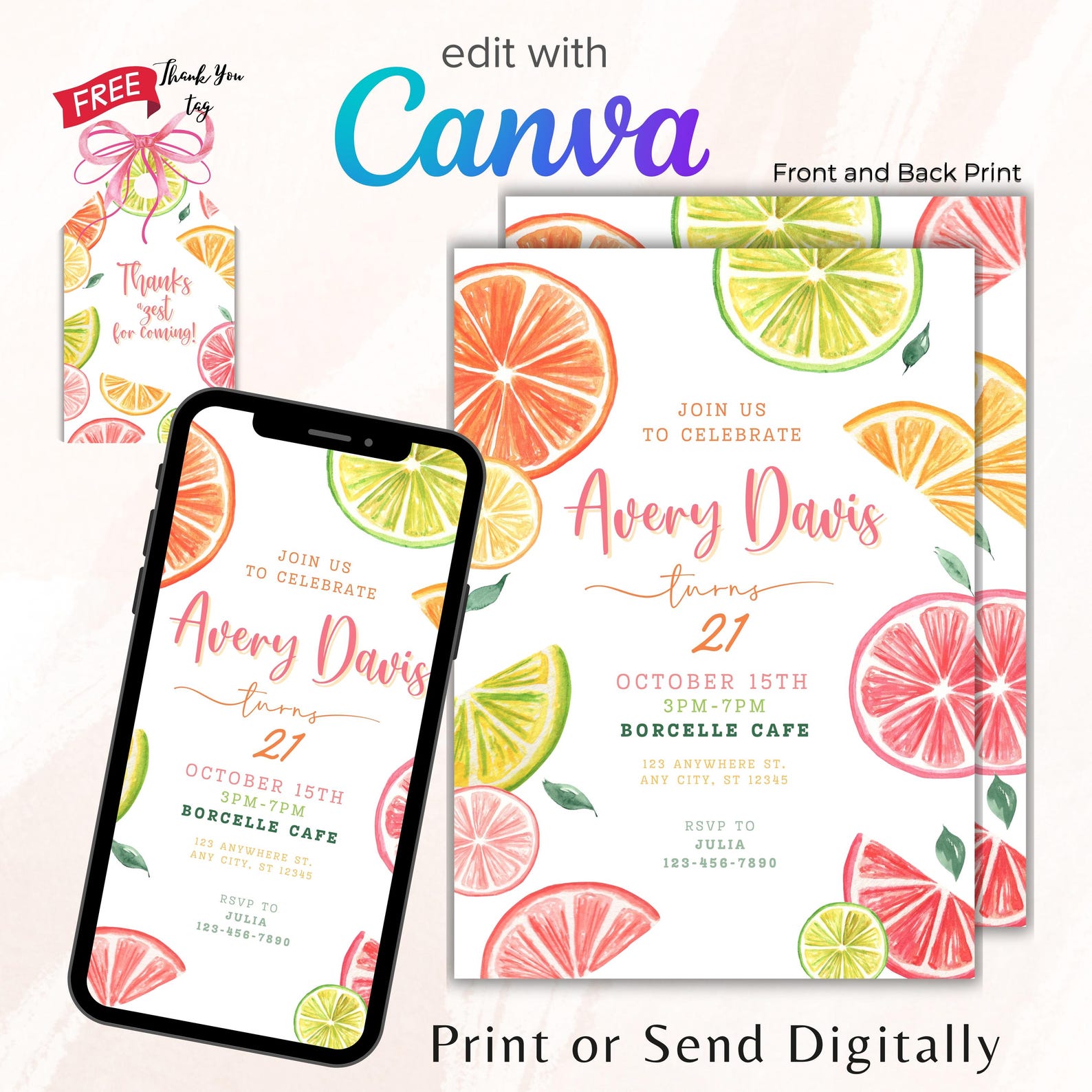 Tropical Citrus Birthday Invitation Watercolor Fruit Editable Template ...
