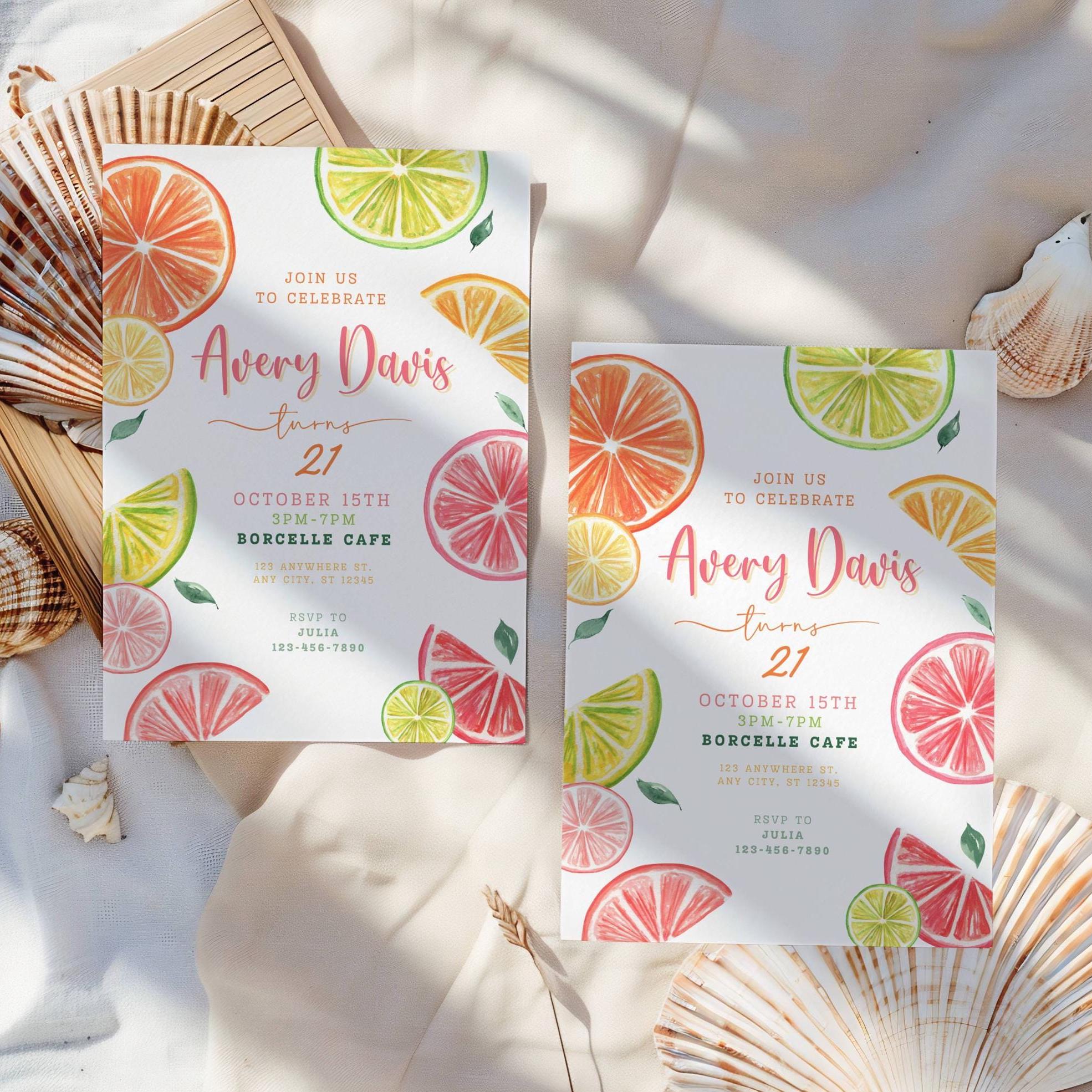 Tropical Citrus Birthday Invitation Watercolor Fruit Editable Template ...