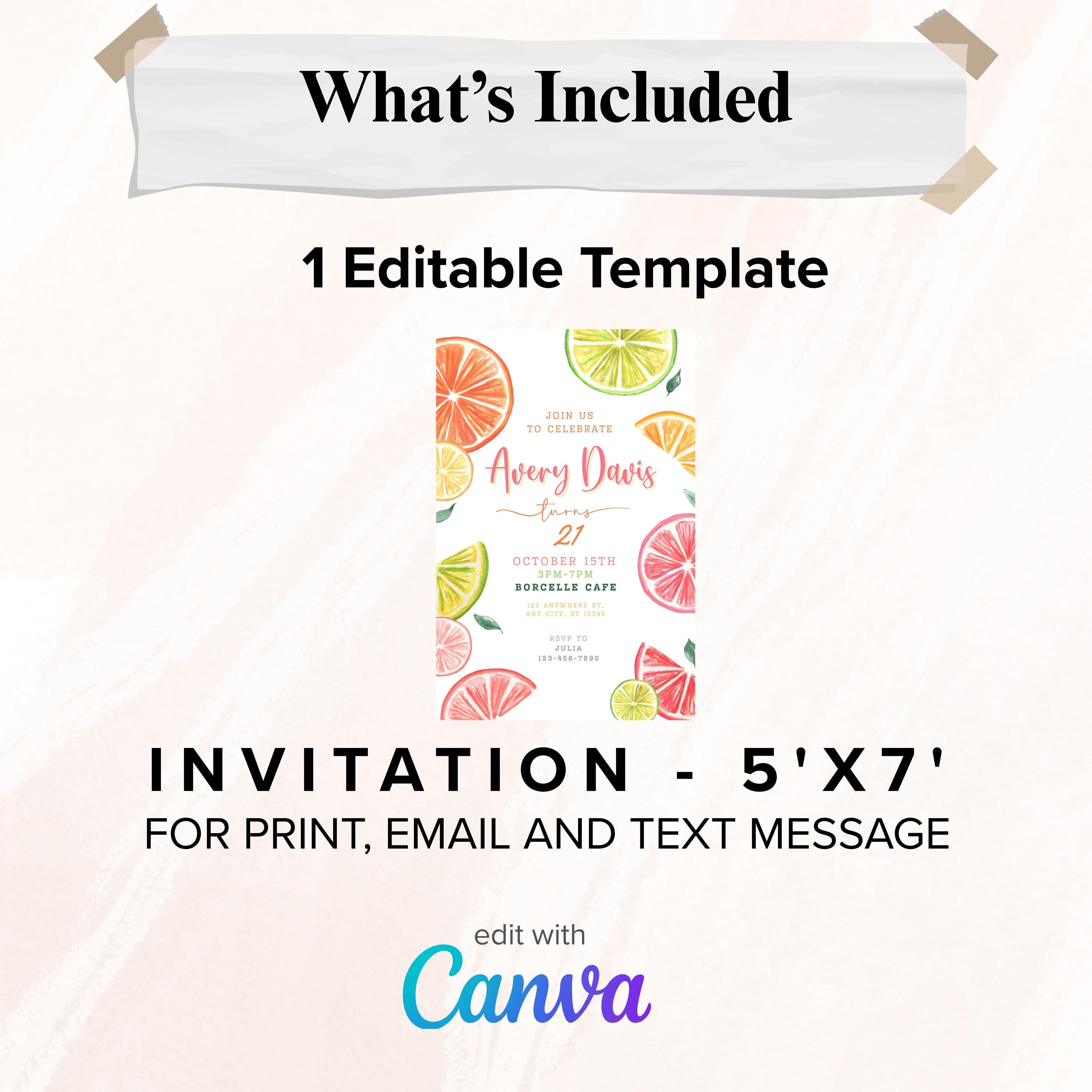 Tropical Citrus Birthday Invitation Watercolor Fruit Editable Template ...
