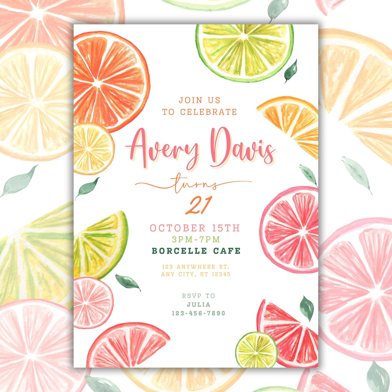 Tropical Citrus Birthday Invitation Watercolor Fruit Editable Template ...