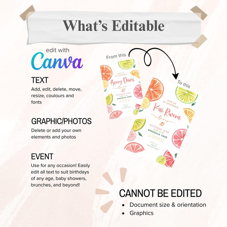 Tropical Citrus Birthday Invitation Watercolor Fruit Editable Template ...