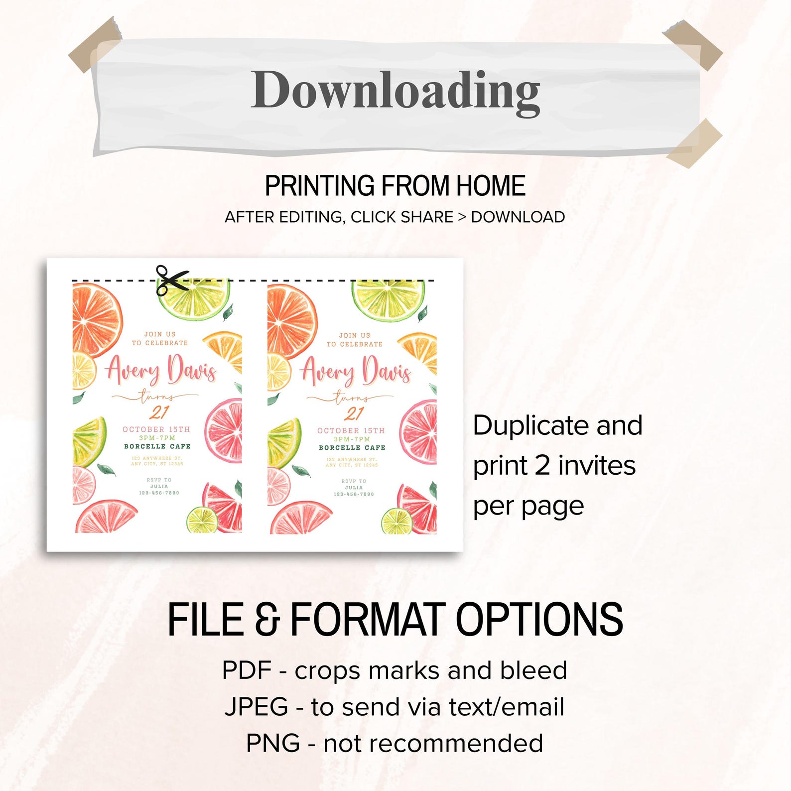 Tropical Citrus Birthday Invitation Watercolor Fruit Editable Template ...