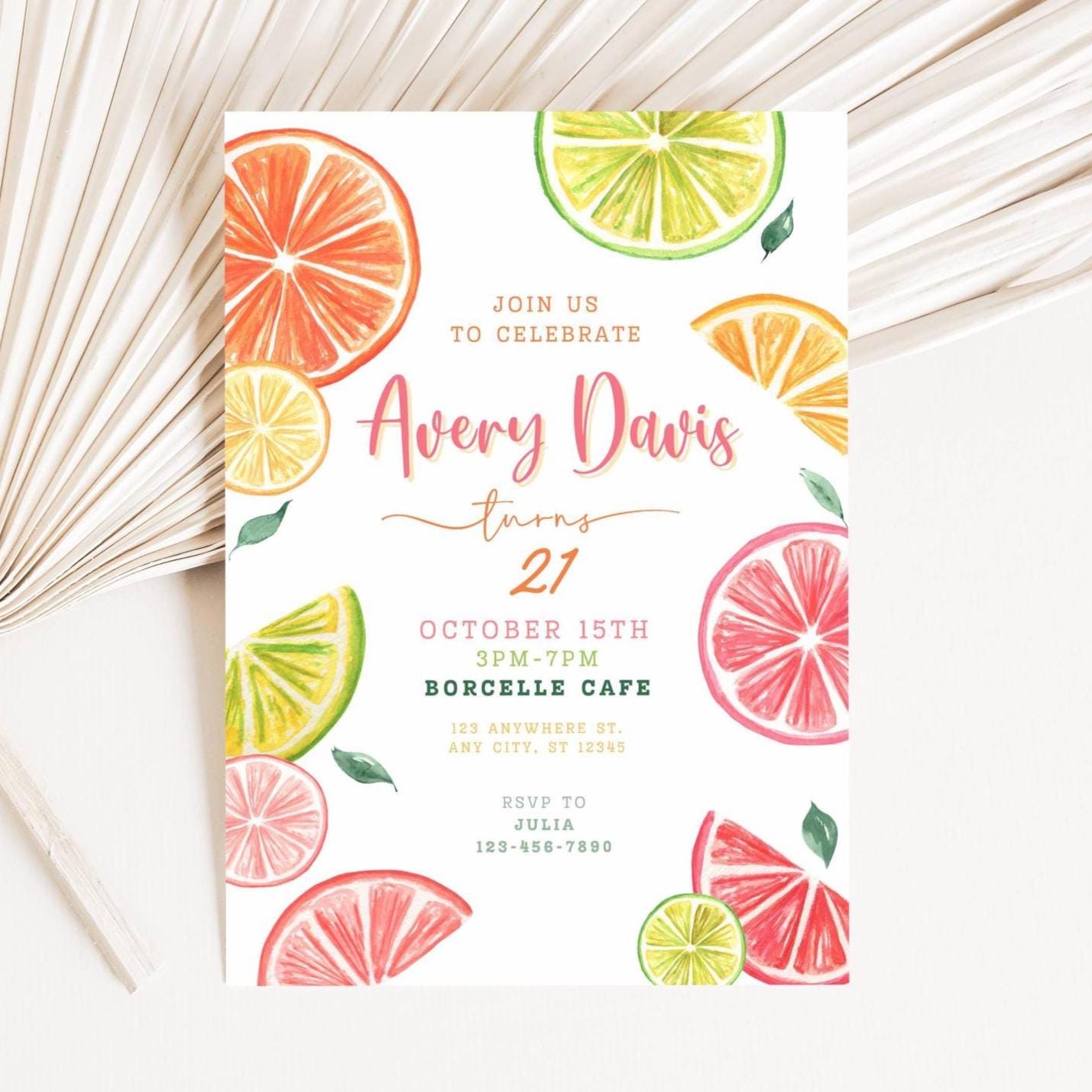 Tropical Citrus Birthday Invitation Watercolor Fruit Editable Template ...
