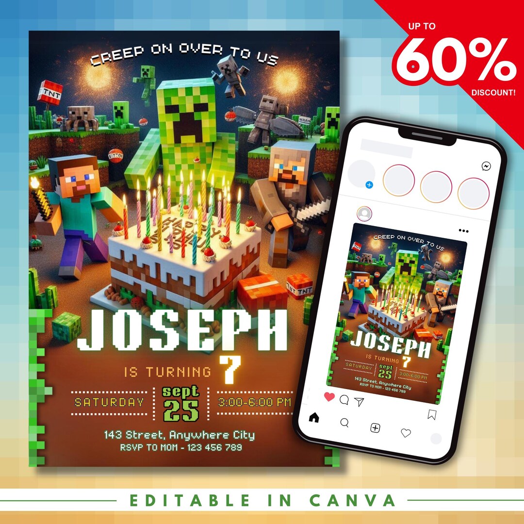 Minecrafter Birthday Invitation, Minecrafter Party, Creeper Invite ...