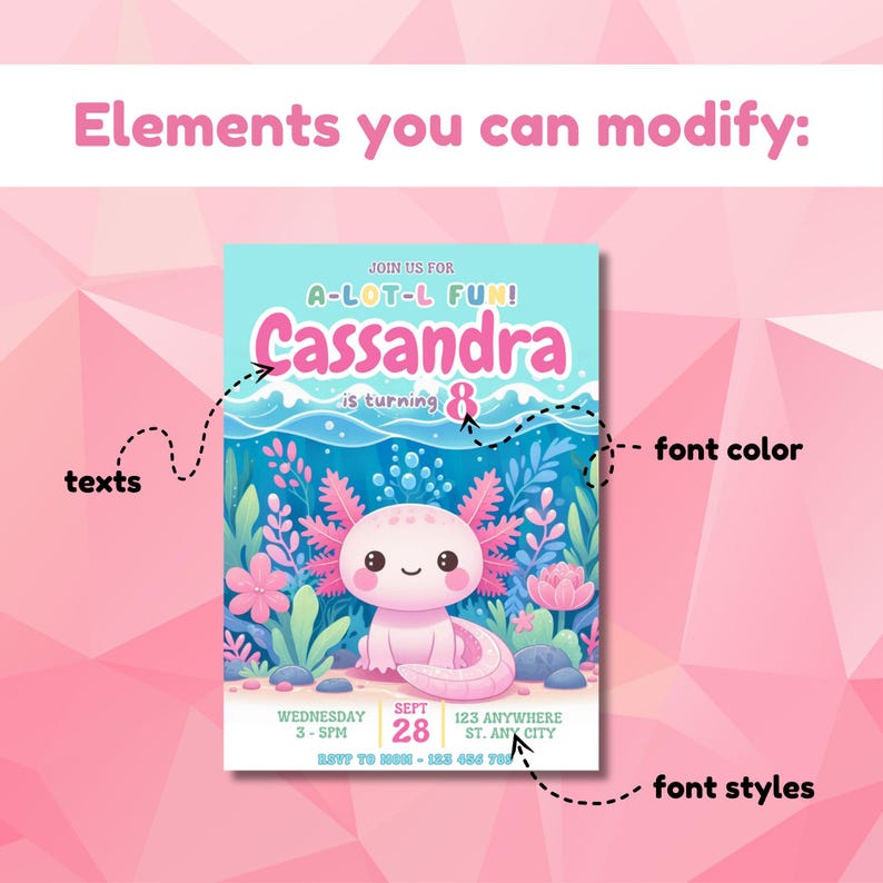 Axolotl Mind Craft Birthday Invitation Under the Sea Party Girl Party ...