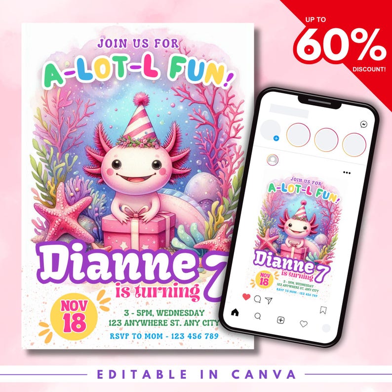 Editable Axolotl Birthday Invitation Pink Axolotls Girl Birthday Party ...