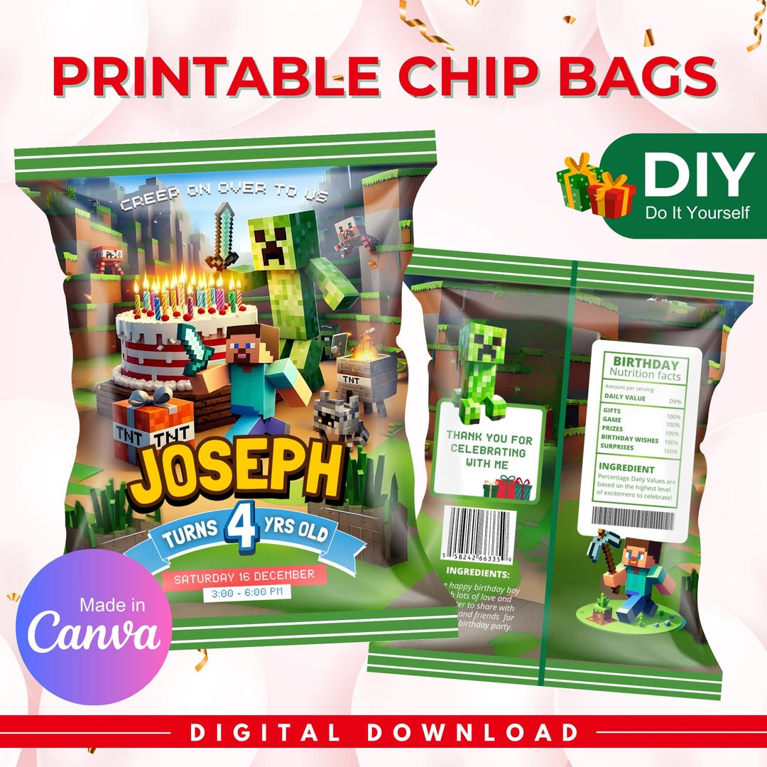 Minecrafter Chip Bag Template, Party Labels, Chip Bag Label, Printable ...