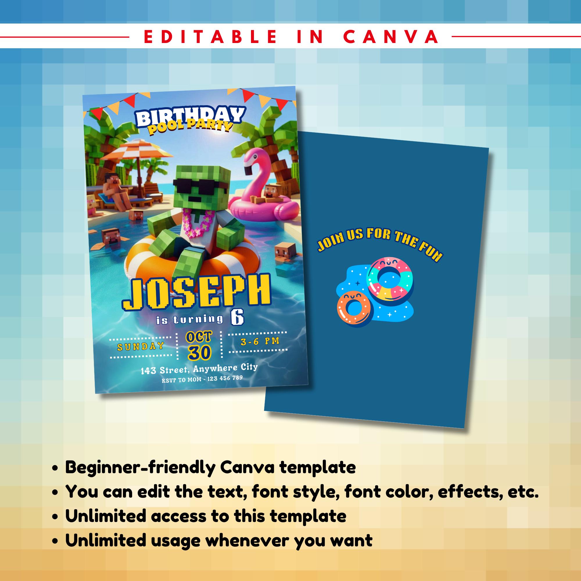 Minecrafter Pool Party Birthday Invitation Minecrafter Birthday ...