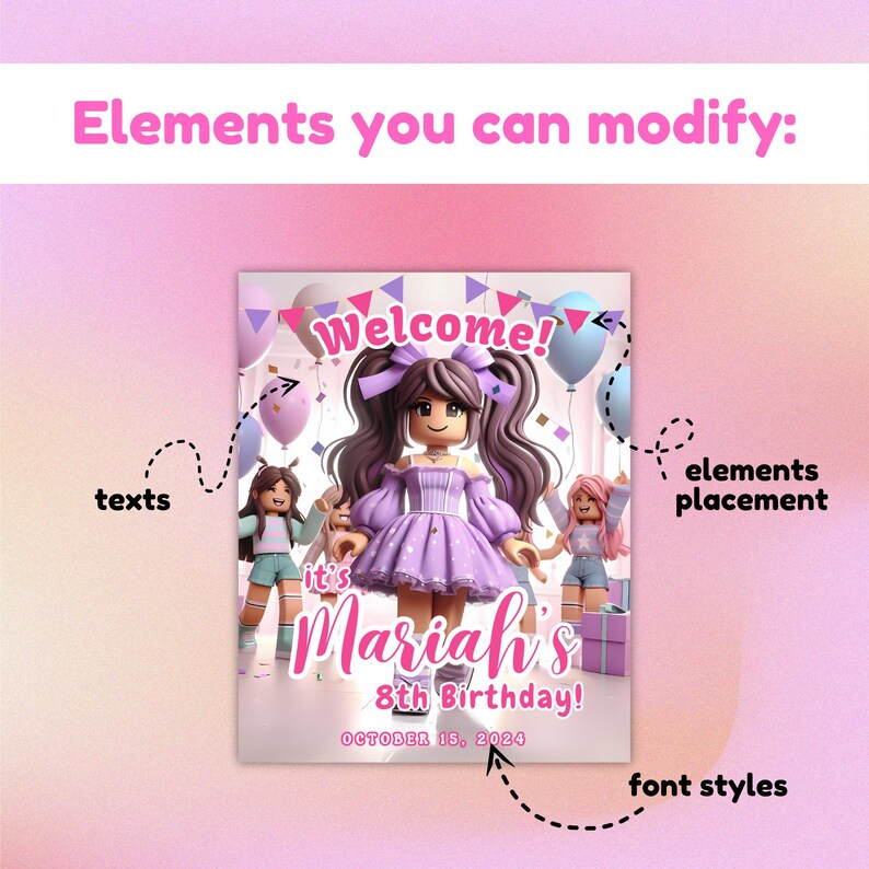 Girl Roblox Birthday Welcome Board, Roblox Welcome Sign, Party Sign ...