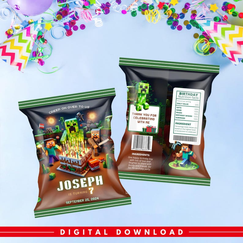 Minecraft Chip Bag Printable Template Customized DIY Personalized Chip ...