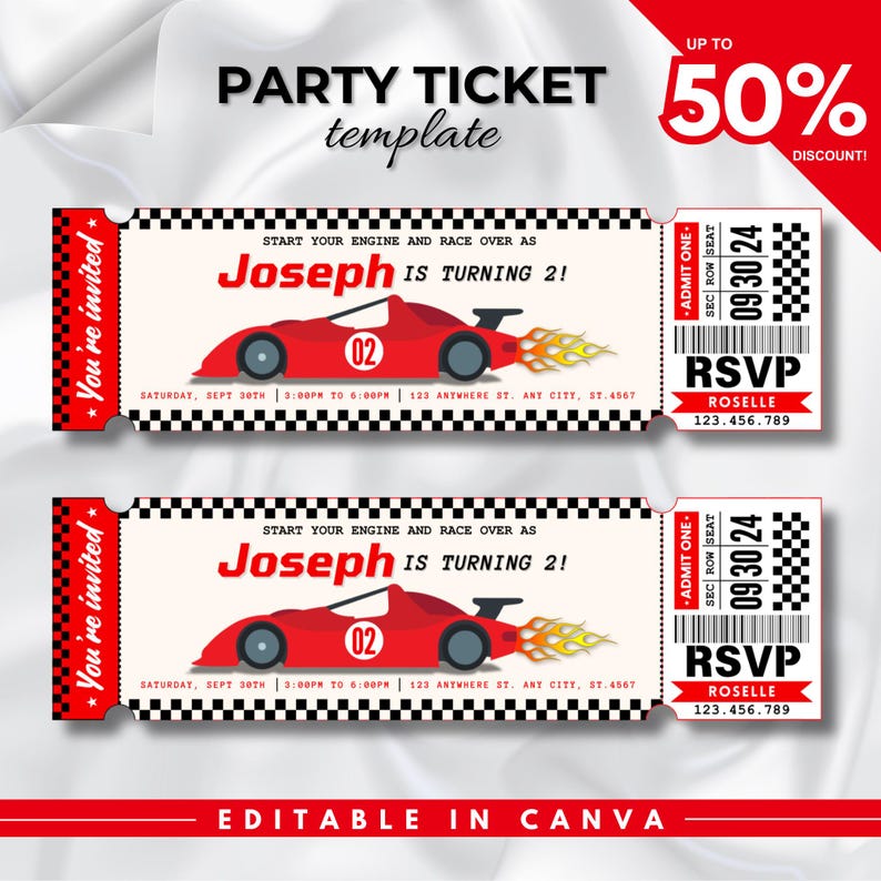 Race Car Birthday Ticket Invitation, Race Car Party Ticket, Boy ...