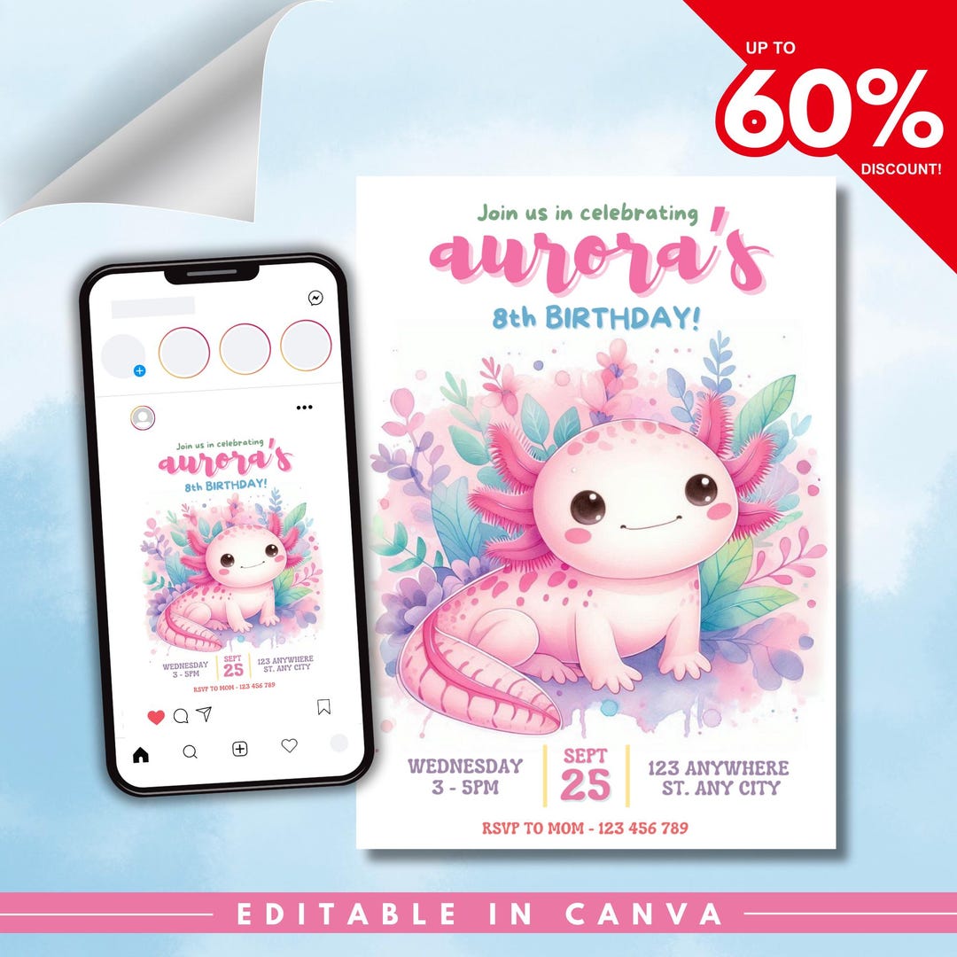 Invitación de cumpleaños de axolotl, bajo el mar, lindo axolotl ...