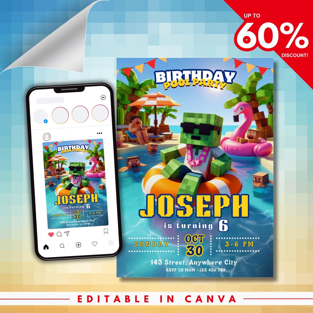 Minecrafter Pool Party Birthday Invitation Minecrafter Birthday ...