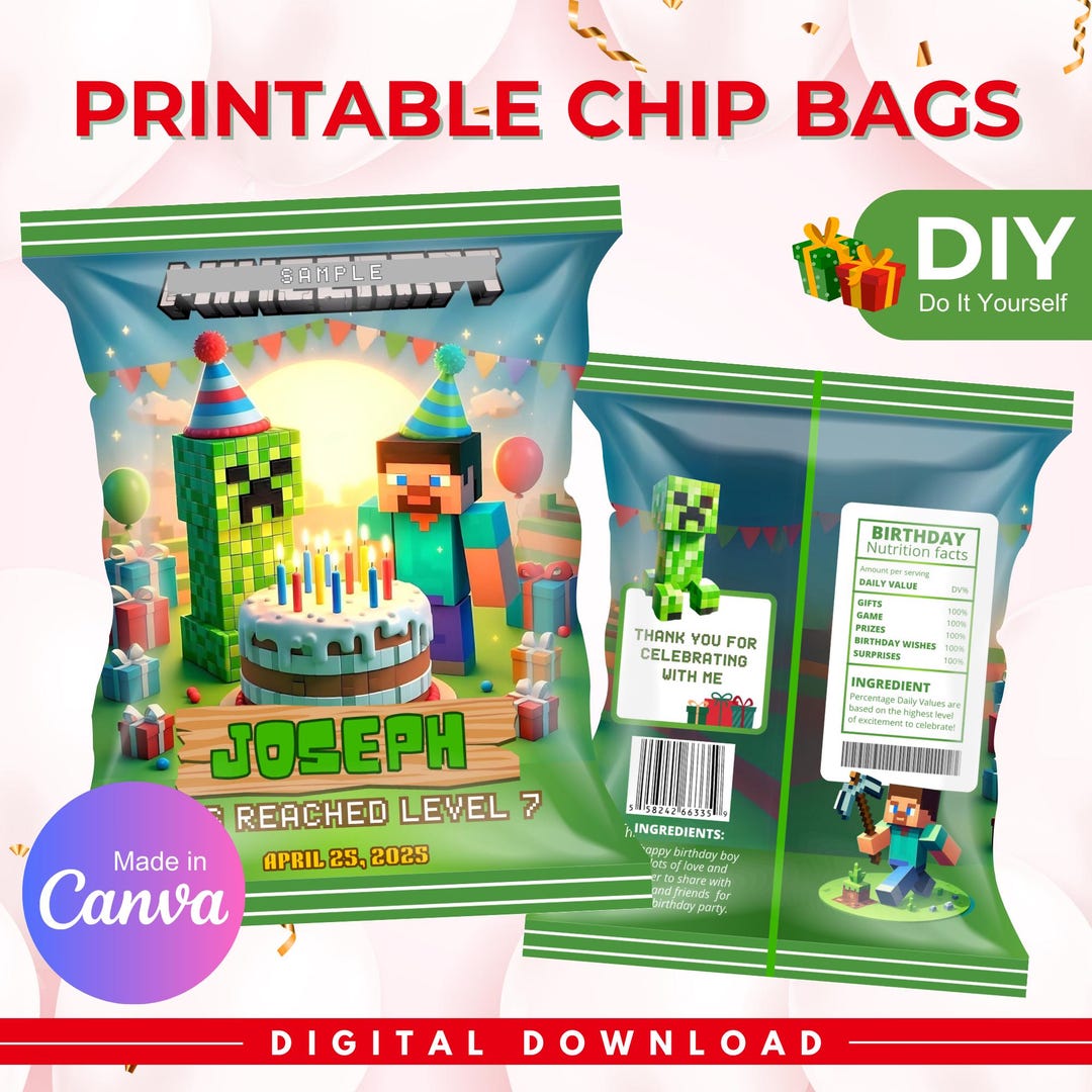 Minecrafter Chip Bag Printable Template Customized DIY Personalized ...