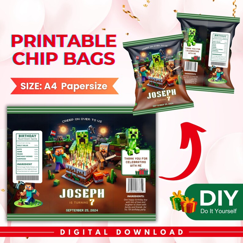 Minecraft Chip Bag Printable Template Customized DIY Personalized Chip ...