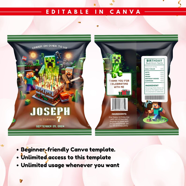 Minecraft Chip Bag Printable Template Customized DIY Personalized Chip ...