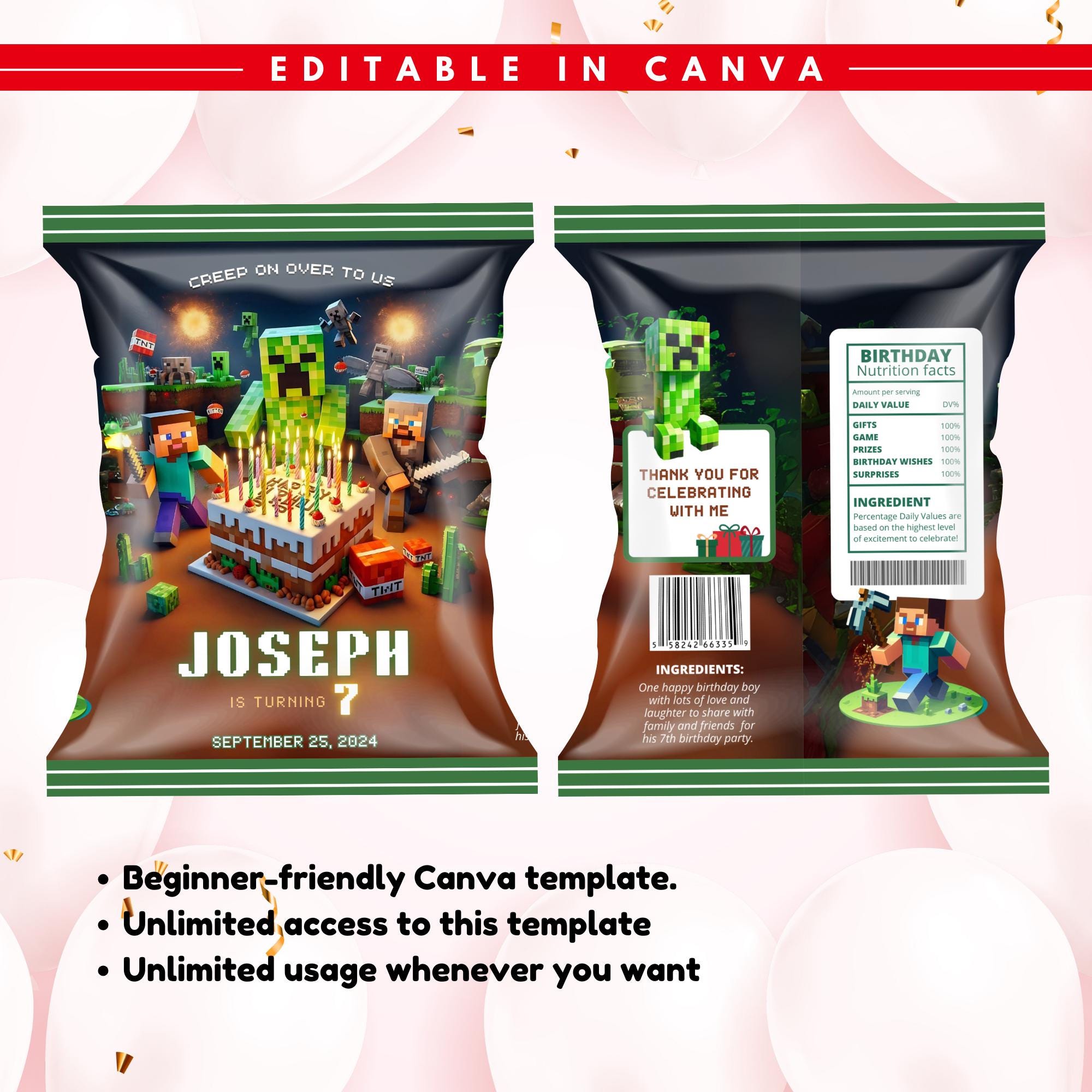 Minecraft Chip Bag Printable Template Customized DIY Personalized Chip ...