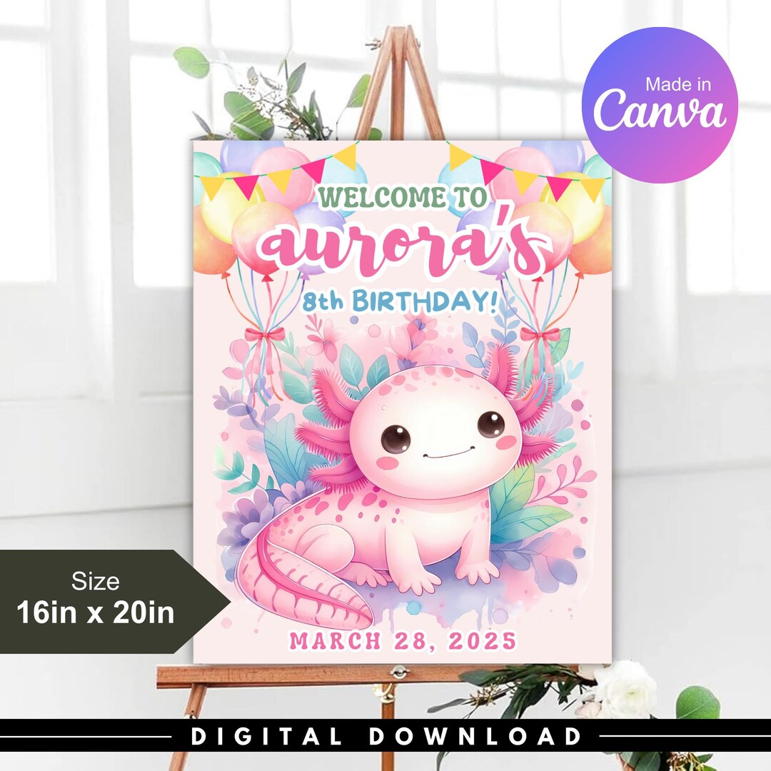 Editable Axolotl Birthday Party Welcome Sign Template, Axolotl Birthday ...