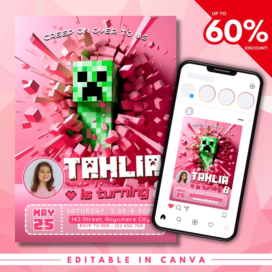 Minecrafter Girl Invitation With Photo, Pink Creeper Birthday Invite ...