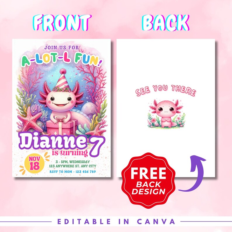 Editable Axolotl Birthday Invitation Pink Axolotls Girl Birthday Party ...