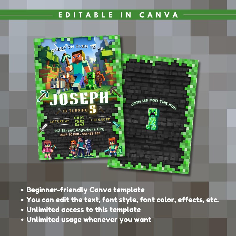 Minecrafter Birthday Invitation, Minecrafter Party, Creeper Invite ...
