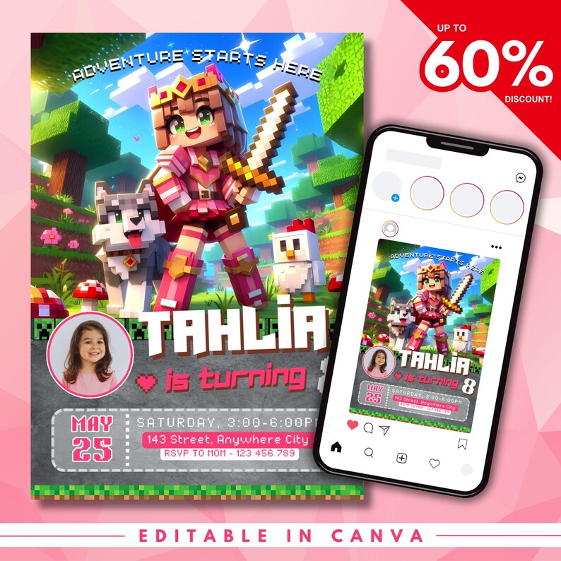 Minecraft Girl Invitation With Photo, Minecraft Birthday Invitation ...