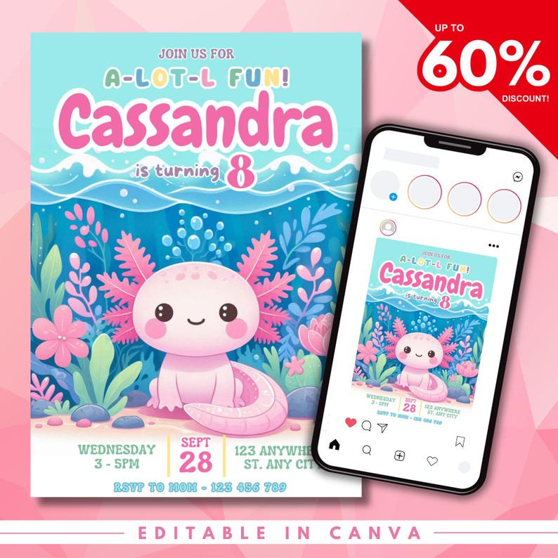 Axolotl Mind Craft Birthday Invitation Under the Sea Party Girl Party ...