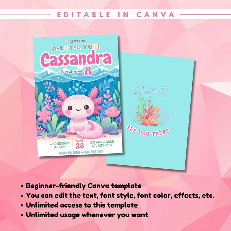 Axolotl Mind Craft Birthday Invitation Under the Sea Party Girl Party ...