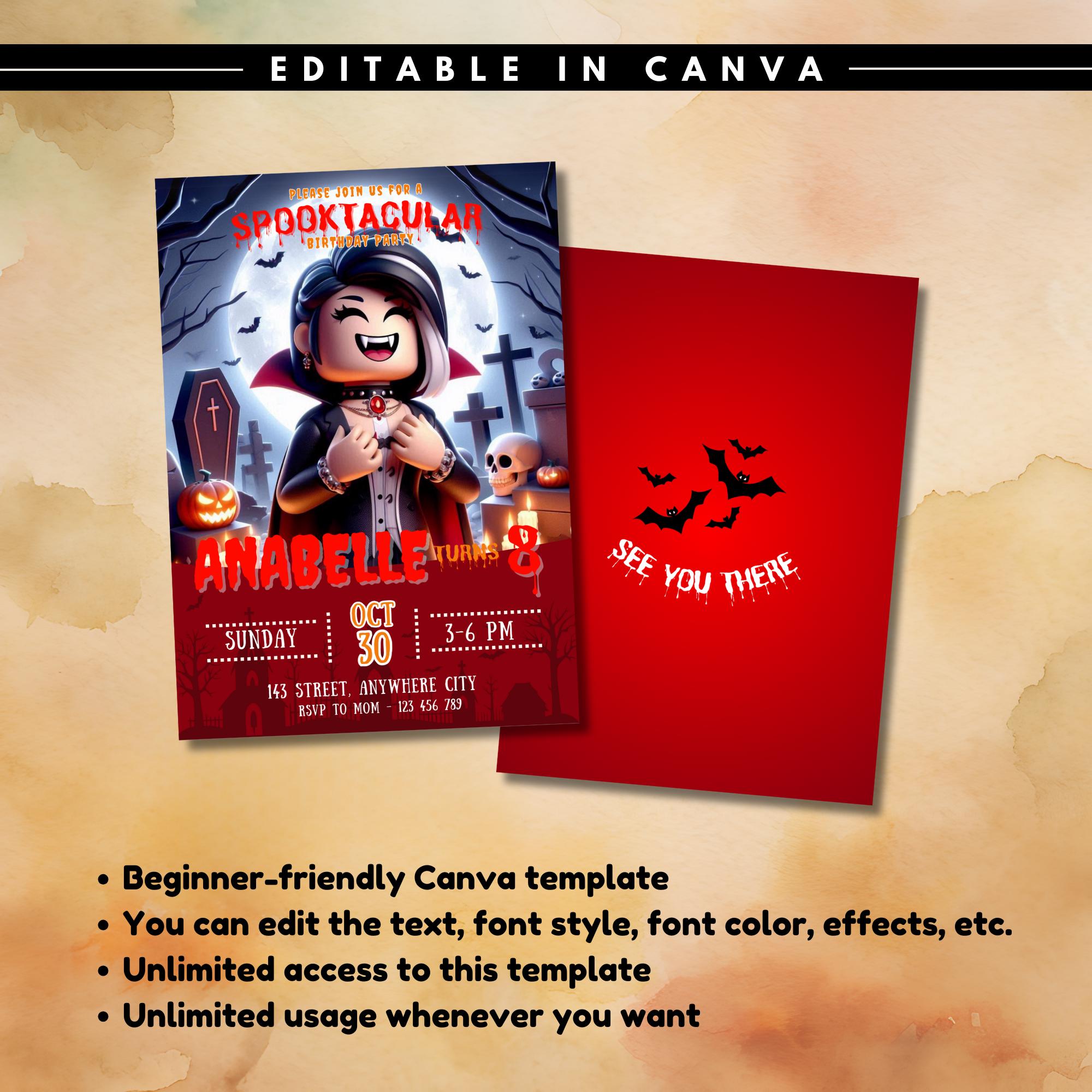 Vampire Roblox Girl, Halloween Birthday Invite, Halloween Party, Game ...