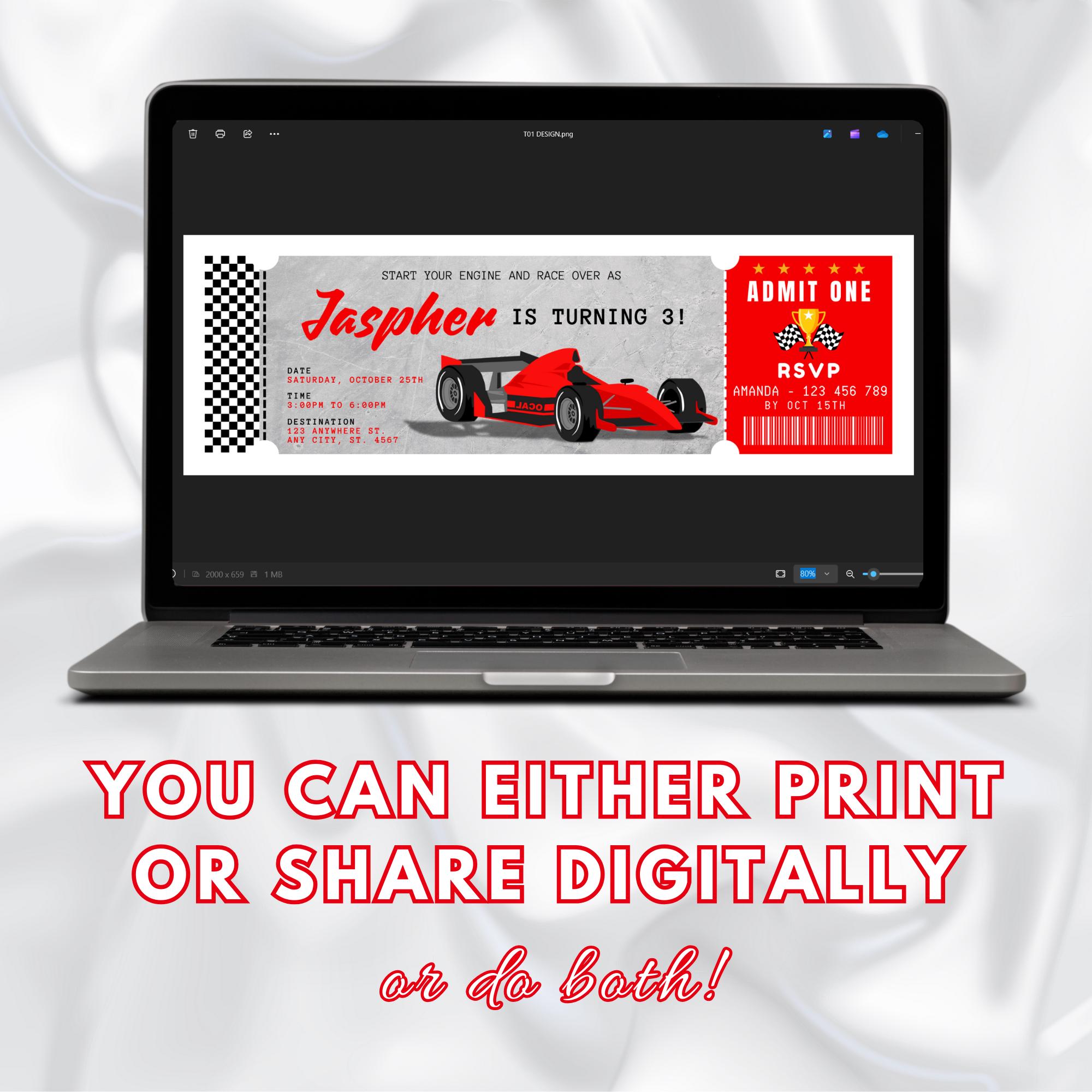 Race Car Birthday Ticket Invitation, Race Car Party Ticket, Racing Car ...