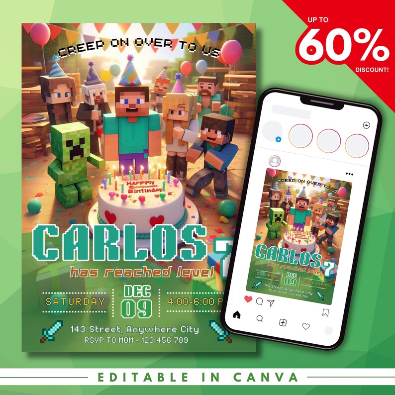 Minecrafter Birthday Invitation, Minecrafter Party, Creeper Invite ...