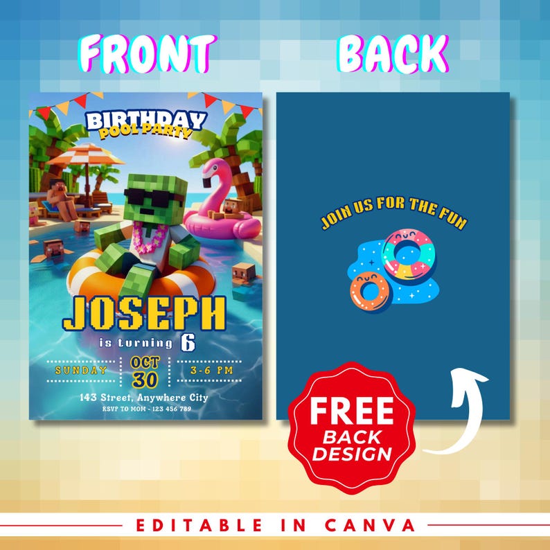 Minecrafter Pool Party Birthday Invitation Minecrafter Birthday ...