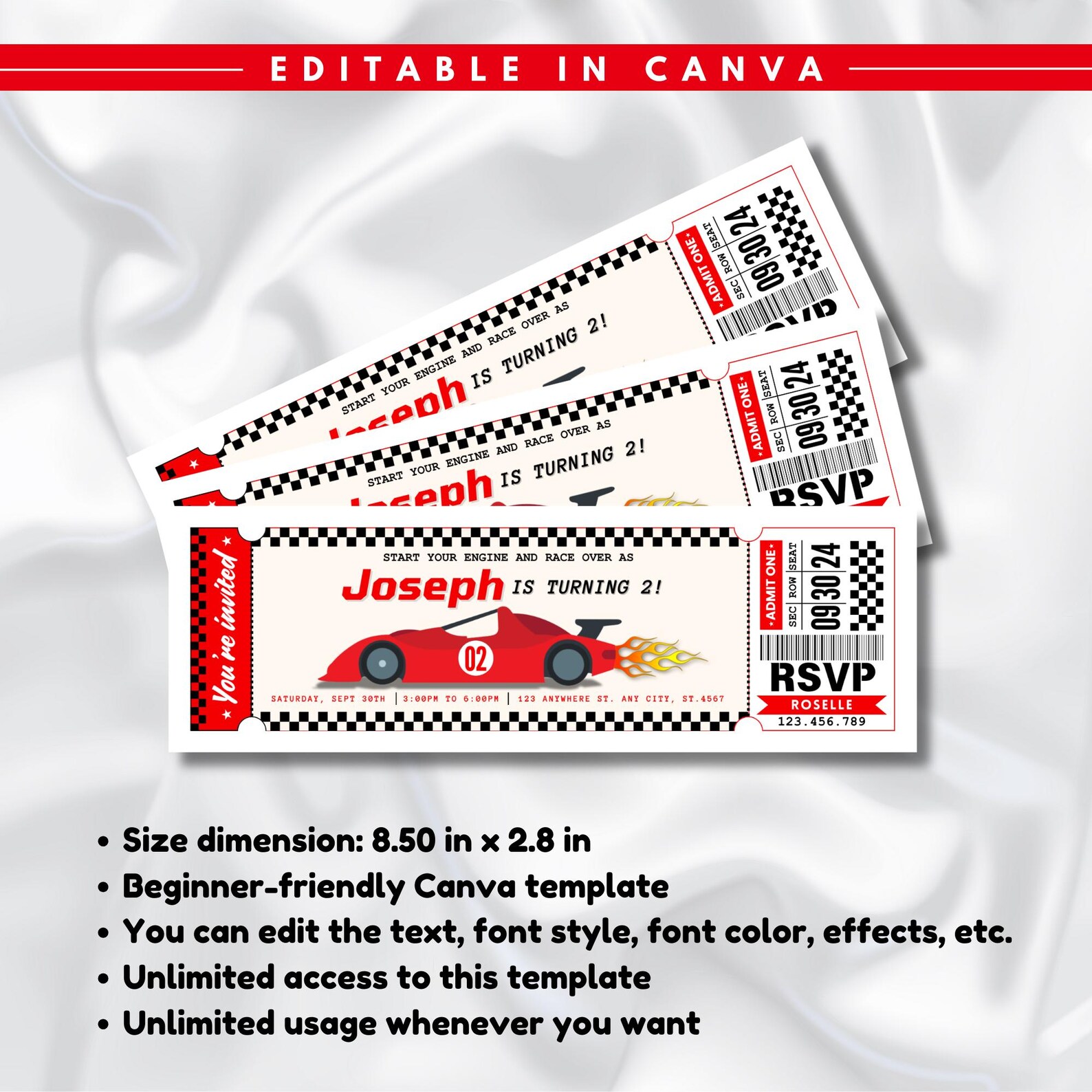 Race Car Birthday Ticket Invitation, Race Car Party Ticket, Boy ...