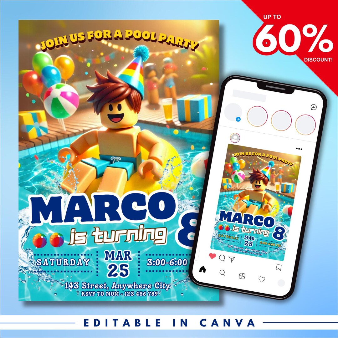 Roblox Pool Party Birthday Invitation Gamer Party Invite Roblox Boy ...