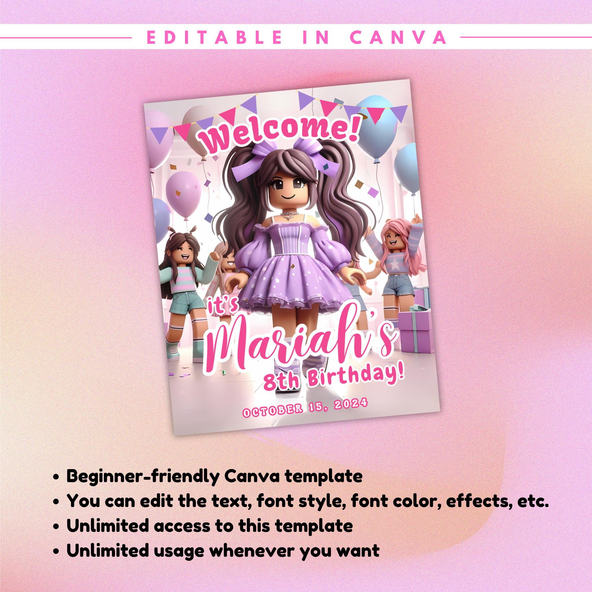 Girl Roblox Birthday Welcome Board, Roblox Welcome Sign, Party Sign ...