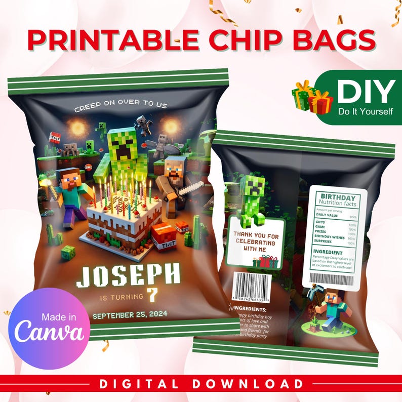 Minecraft Chip Bag Printable Template Customized DIY Personalized Chip ...