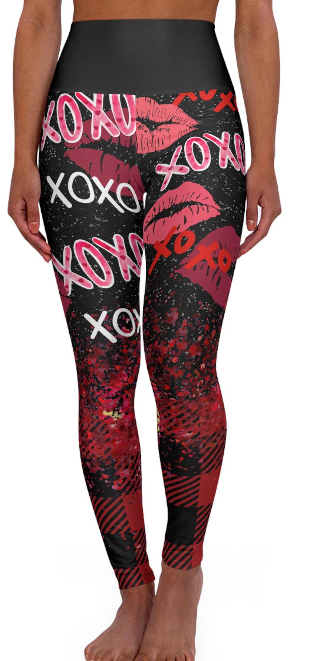 Leggings, Xoxo Valentine's Day Lips and Hearts Black Yoga Pants, High ...