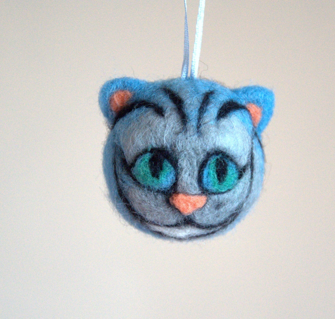 Wool Needle Felt Cheshire Cat Head Alice in Wonderland Ornament: Blue ...