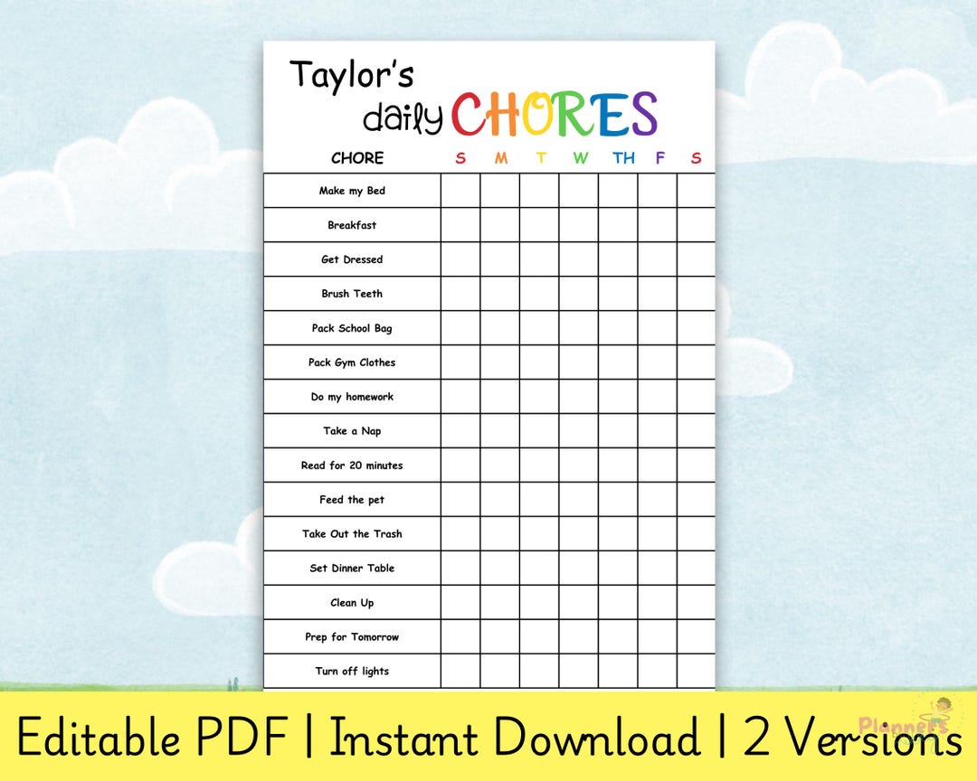 Editable Chore Chart, Kids Daily School Checklist, Responsibility Chart ...
