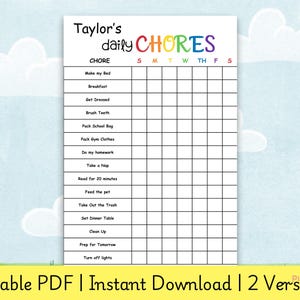 Editable Chore Chart, Kids Daily School Checklist, Responsibility Chart ...