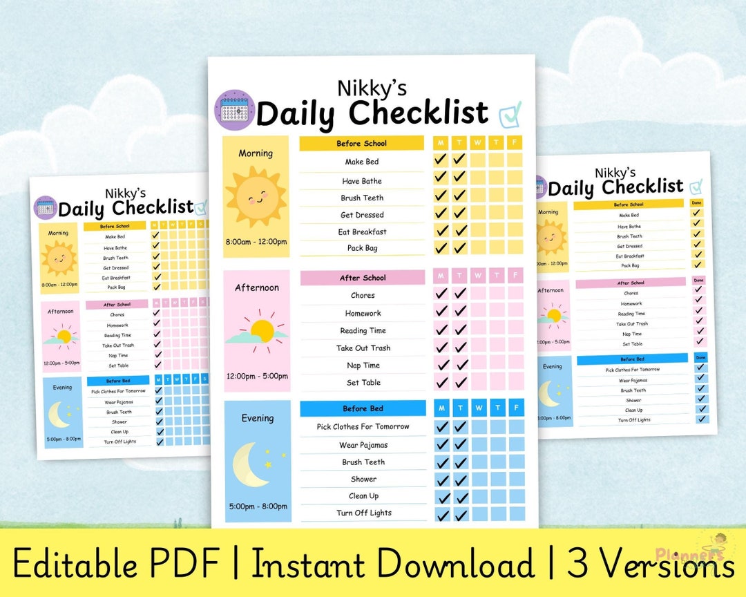 Kids Daily School Checklist, Responsibility Chart, to Do List, Editable ...