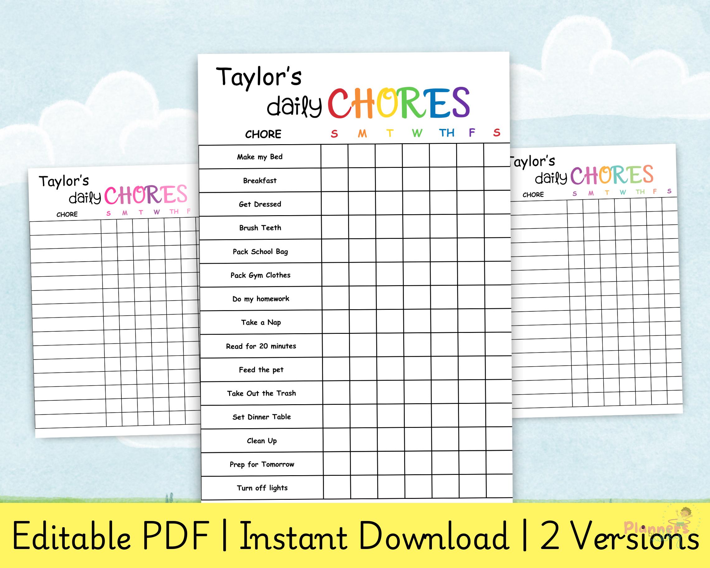 Editable Chore Chart, Kids Daily School Checklist, Responsibility Chart ...
