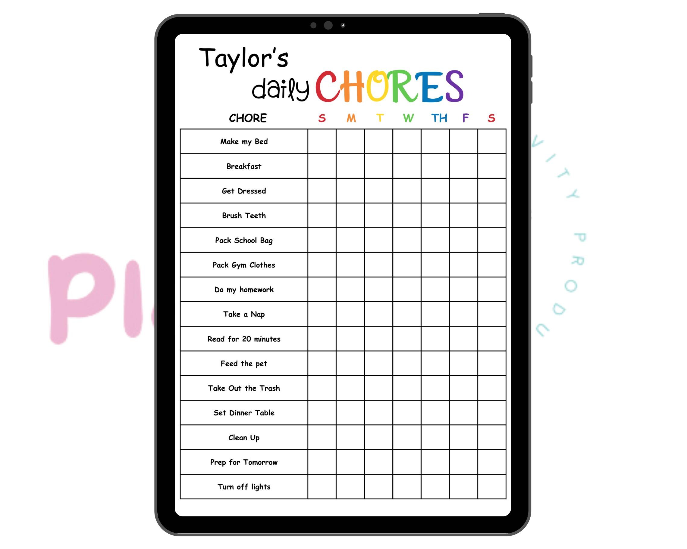 Editable Chore Chart, Kids Daily School Checklist, Responsibility Chart ...