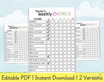Editable Chore Chart, Kids Daily School Checklist, Responsibility Chart ...