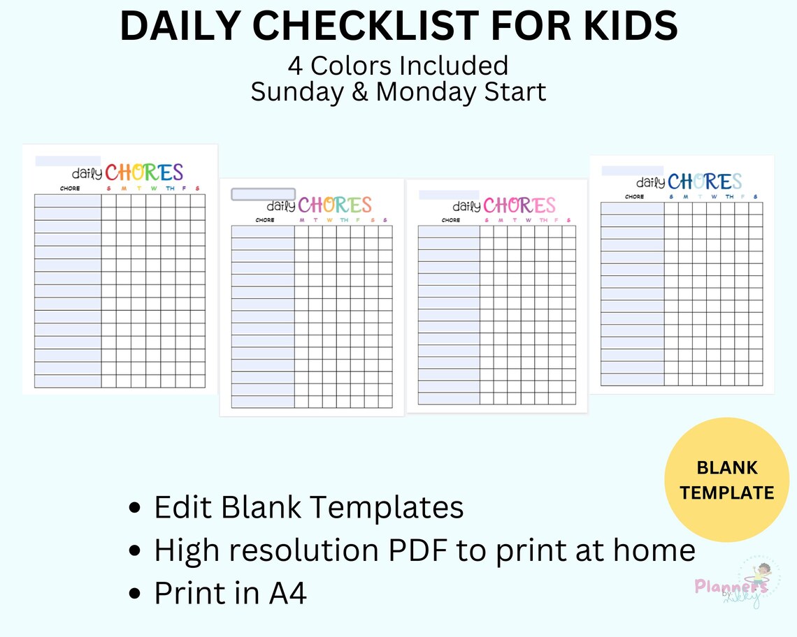 Editable Chore Chart, Kids Daily School Checklist, Responsibility Chart ...