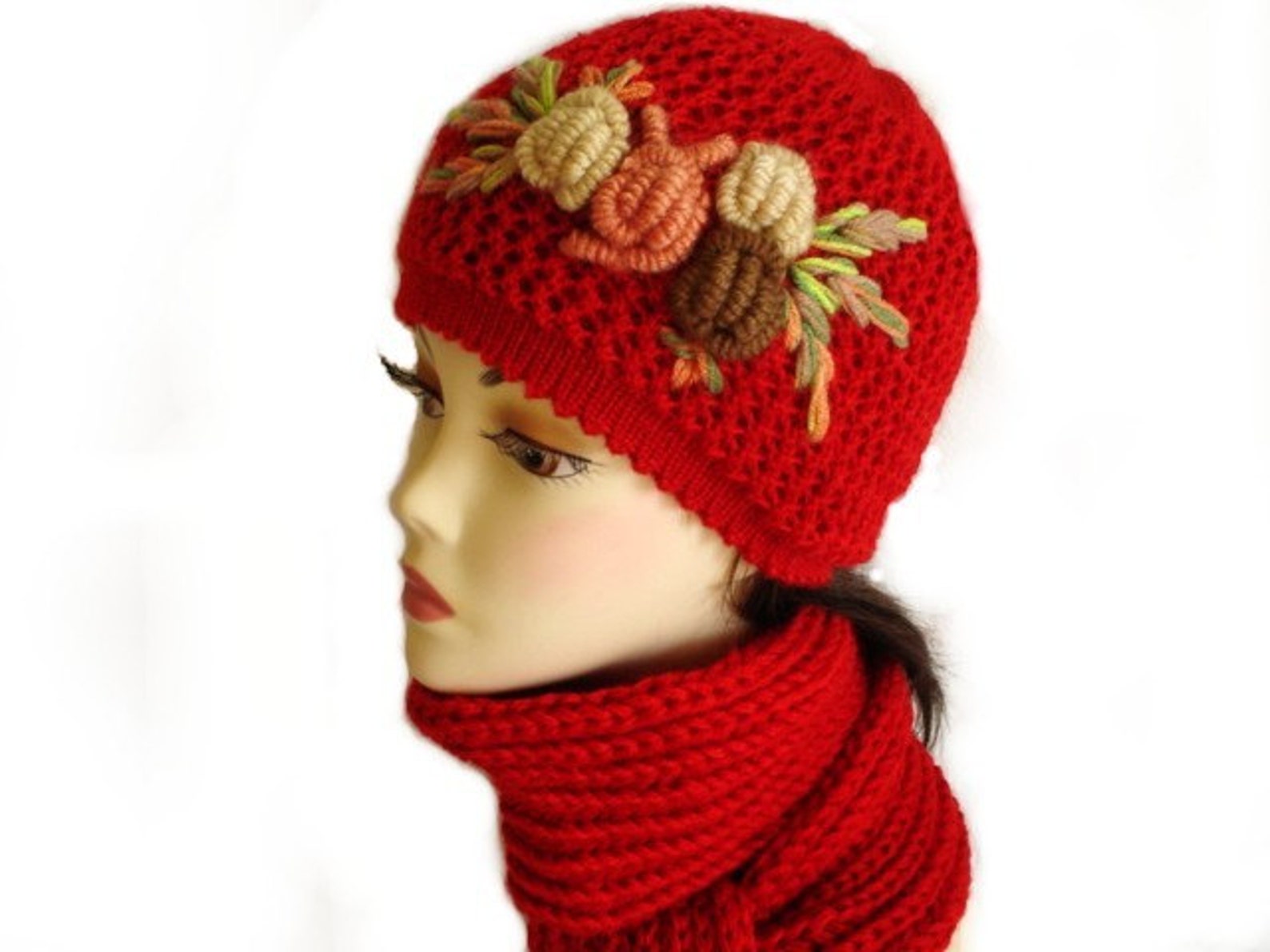 Hand Knit Red Hat and Scarf Set Red With Crochet Flower - Etsy