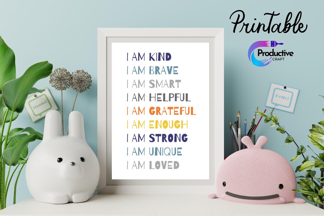 Rainbow Affirmations Wall Art, Affirmations for Kids, I Am Kind Loved Brave Enough ...