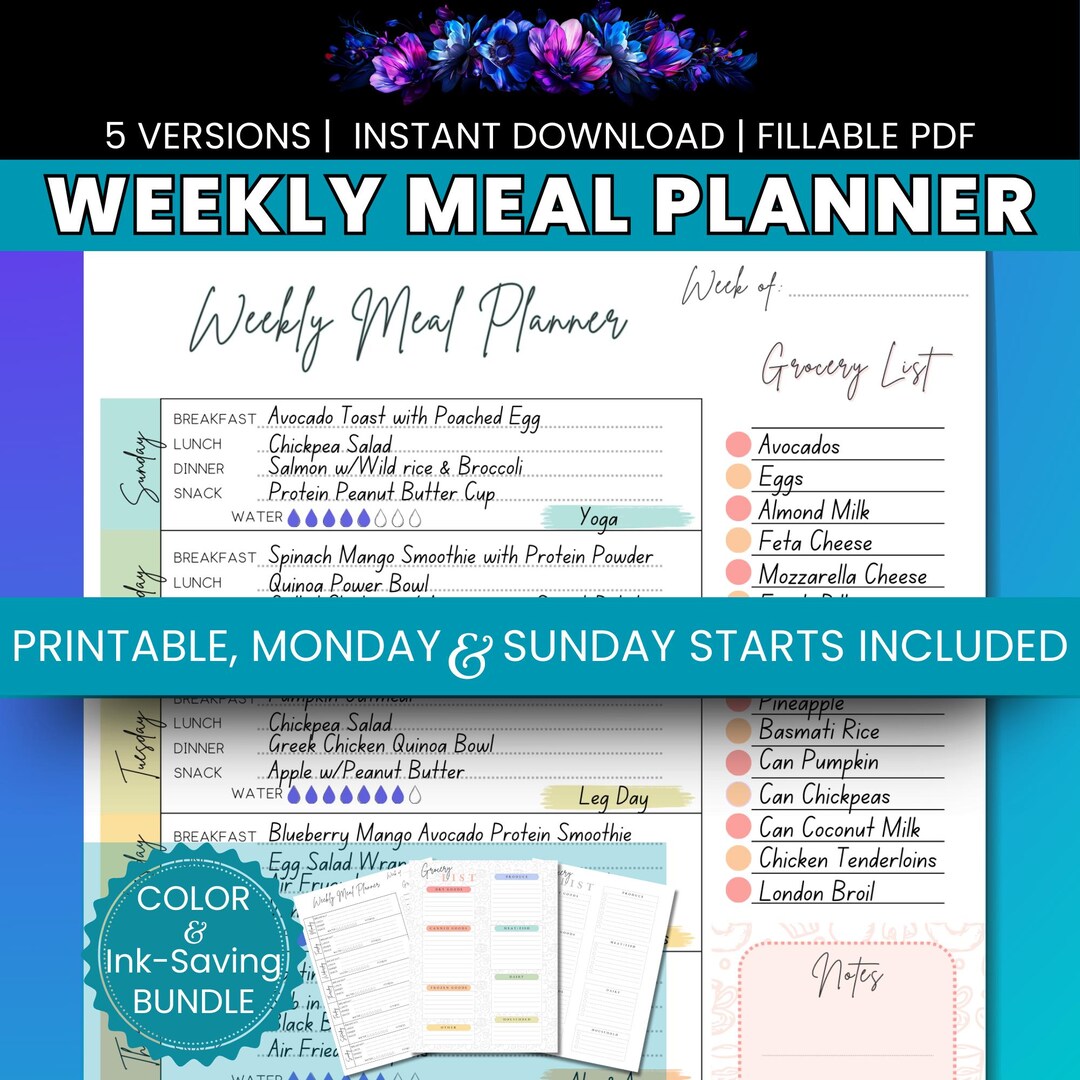 Meal Plan Printable With Grocery List Fillable Meal Planner, Meal Plan ...