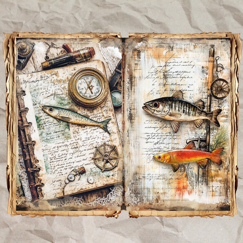 Vintage Fishing Ephemera Pack: Shabby Chic Junk Journal Pages (digital ...